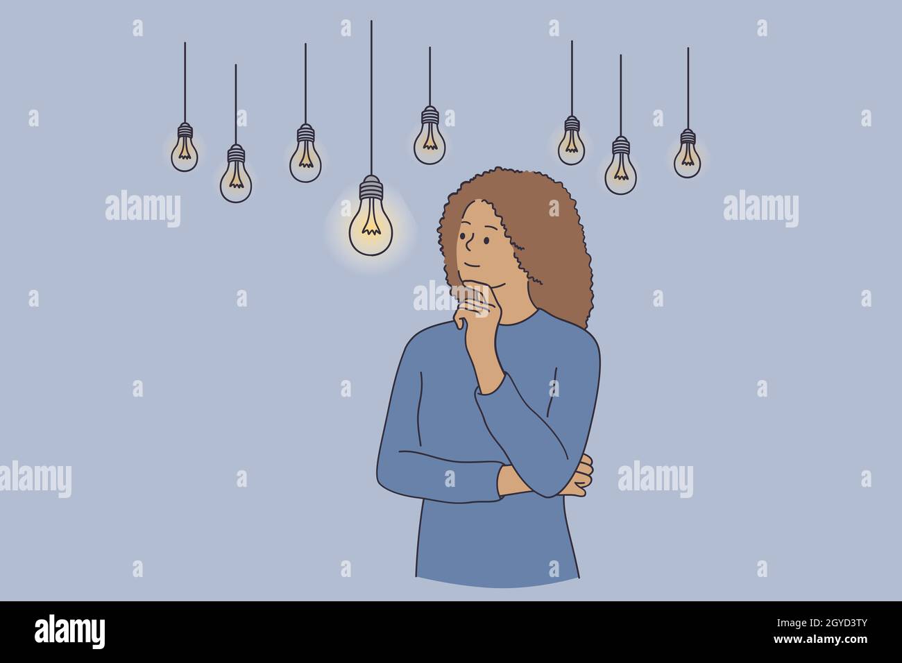 Innovation, creativity, new idea concept. Thoughtful young woman ...