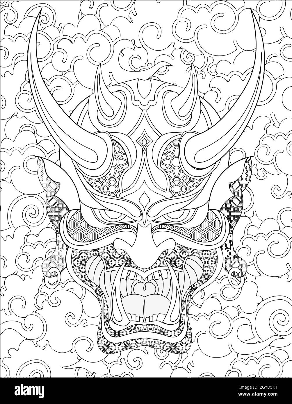 Oni Mask Facing Forward With Cloudy Background Colorless Line Drawing ...