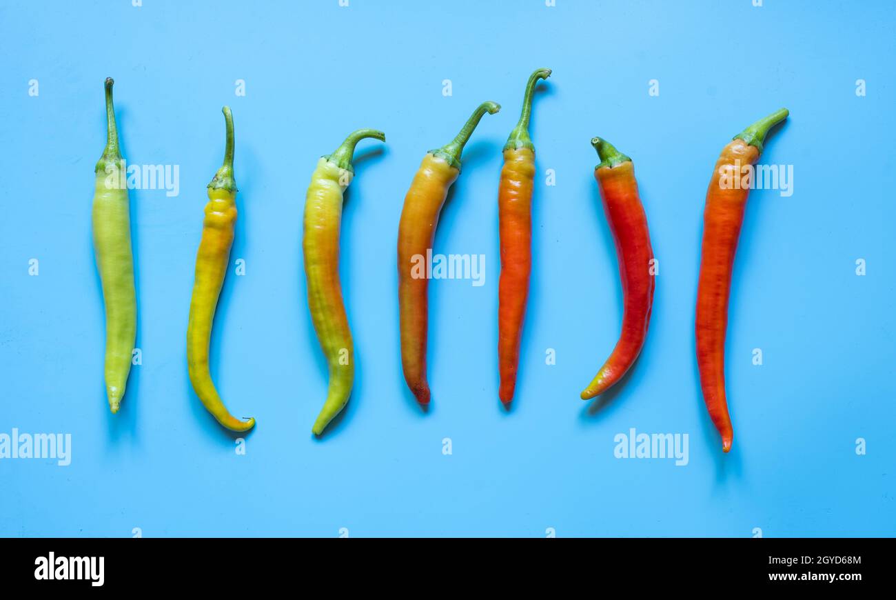 Color gradient of hot peppers , from green to red Stock Photo - Alamy