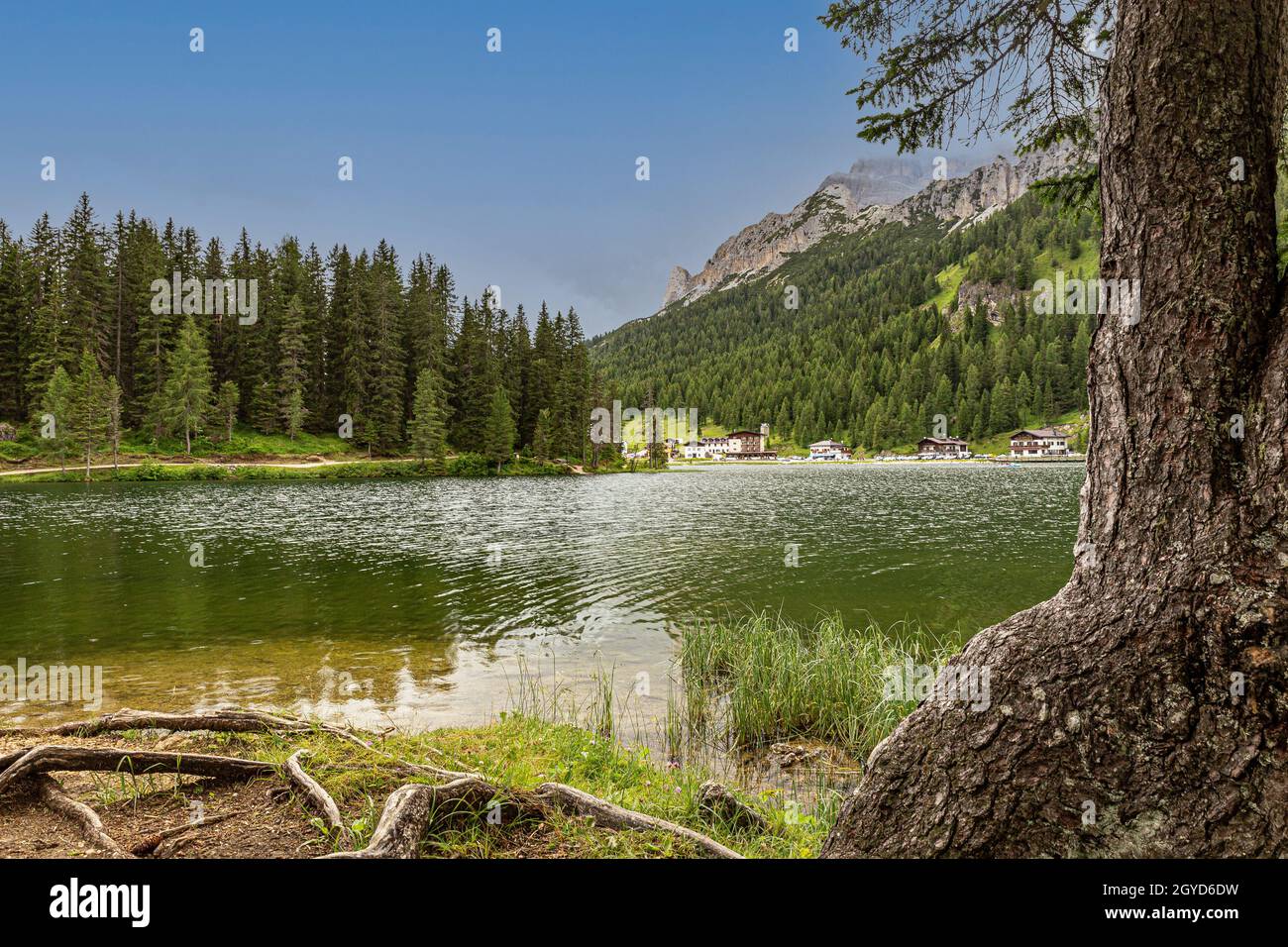 view of Lake Misurina is the largest natural lake of the Cadore Stock ...