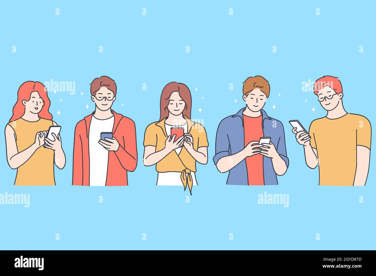 Online chatting and typing concept. Young smiling boys and girls ...