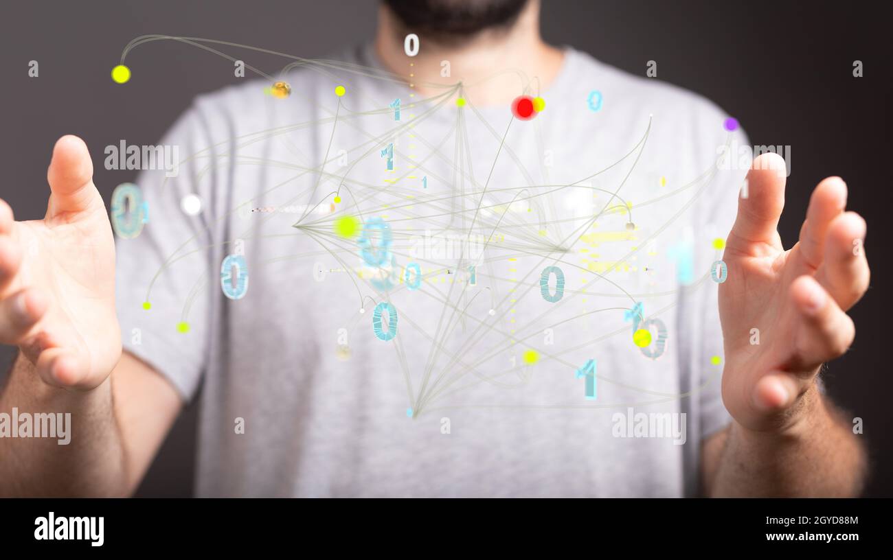 Conceptual wallpaper with floating numbers and a person in the ...