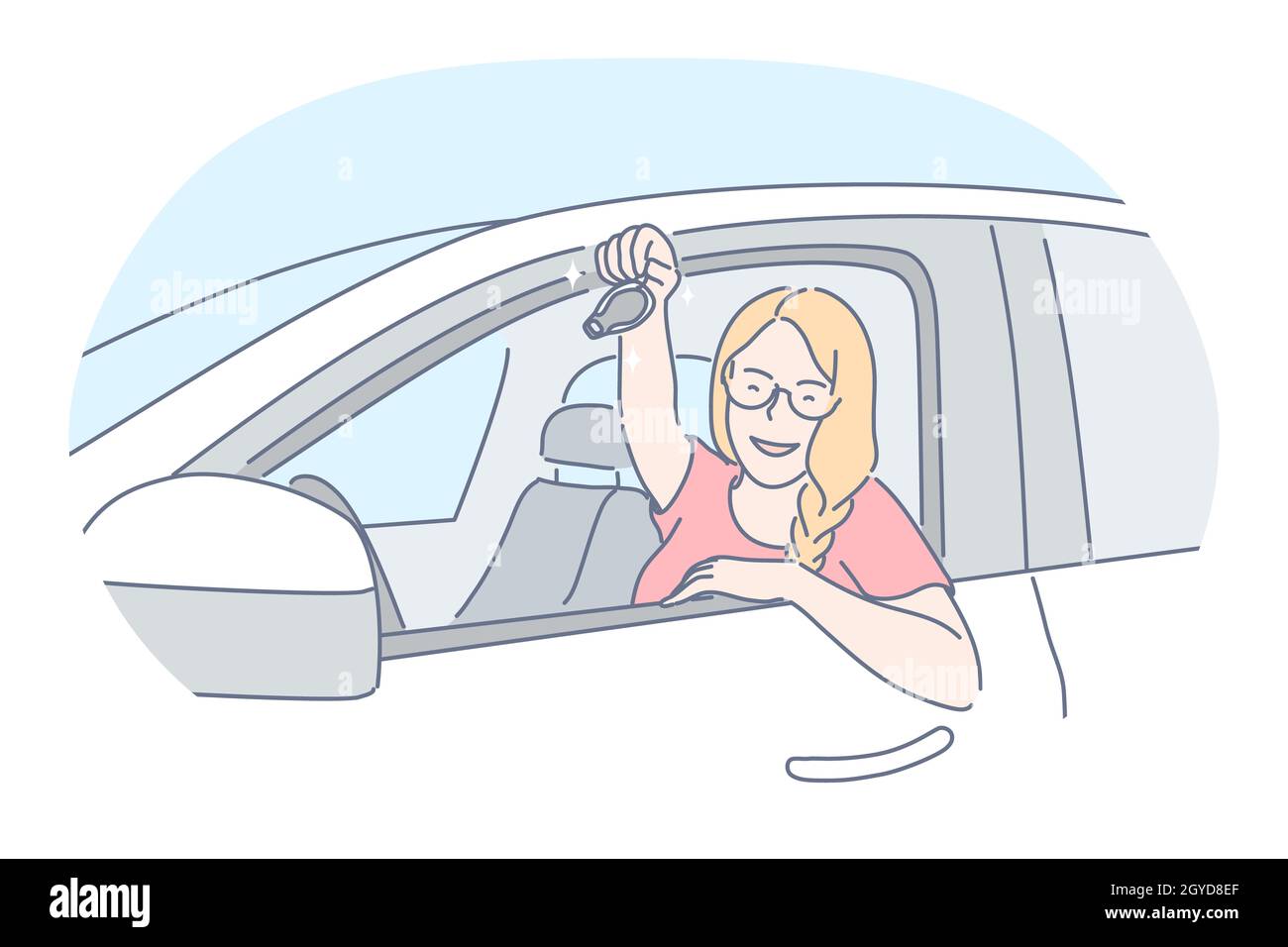 New car purchase, happy owner of new vehicle concept. Young blonde ...