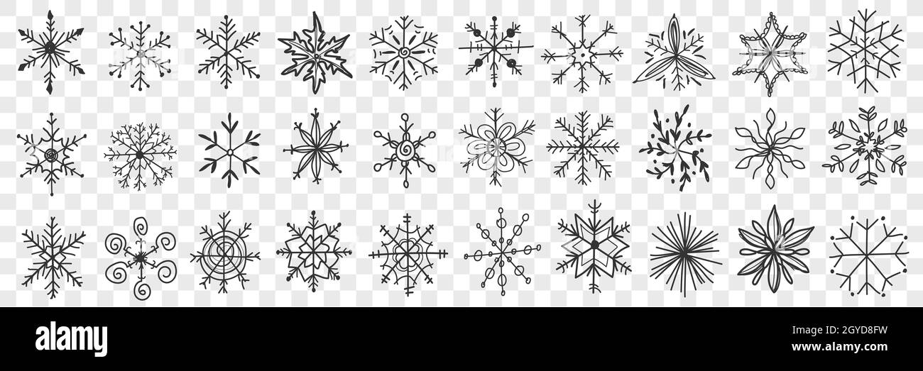 Snowflakes doodle set. Collection of hand drawn beautiful snowflakes of ...