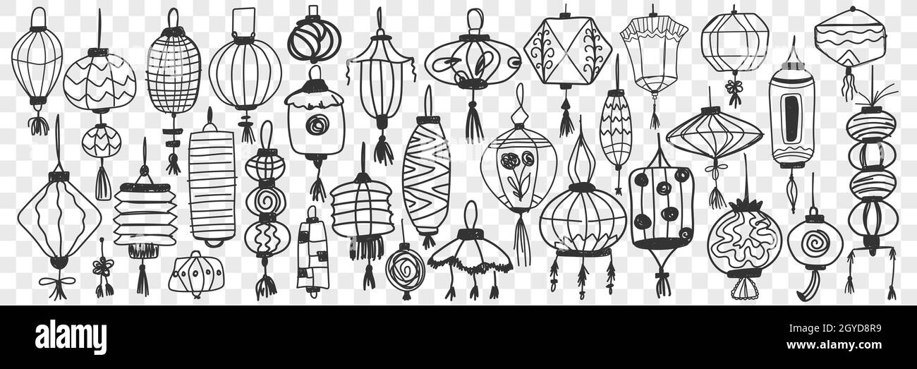 Chinese lanterns doodle set. Collection of hand drawn traditional asian ...