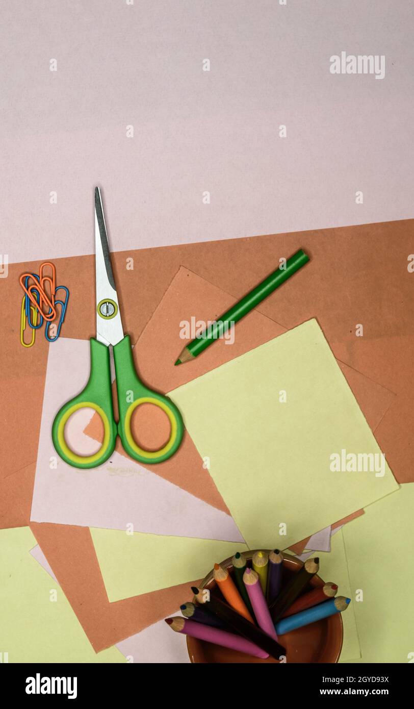 Colour paper, scissors, school stationery supplies, pencils, paint, and ...