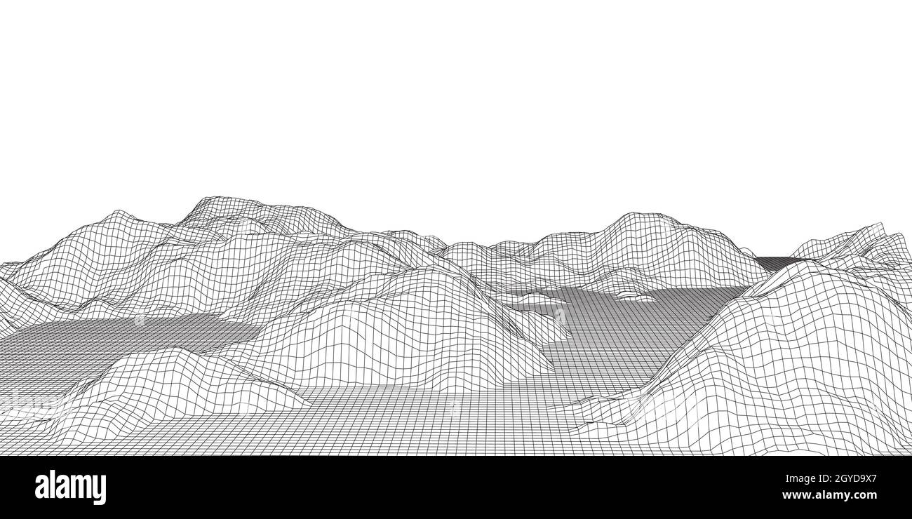 Detailed wireframe terrain landscape in black and white Stock Photo - Alamy