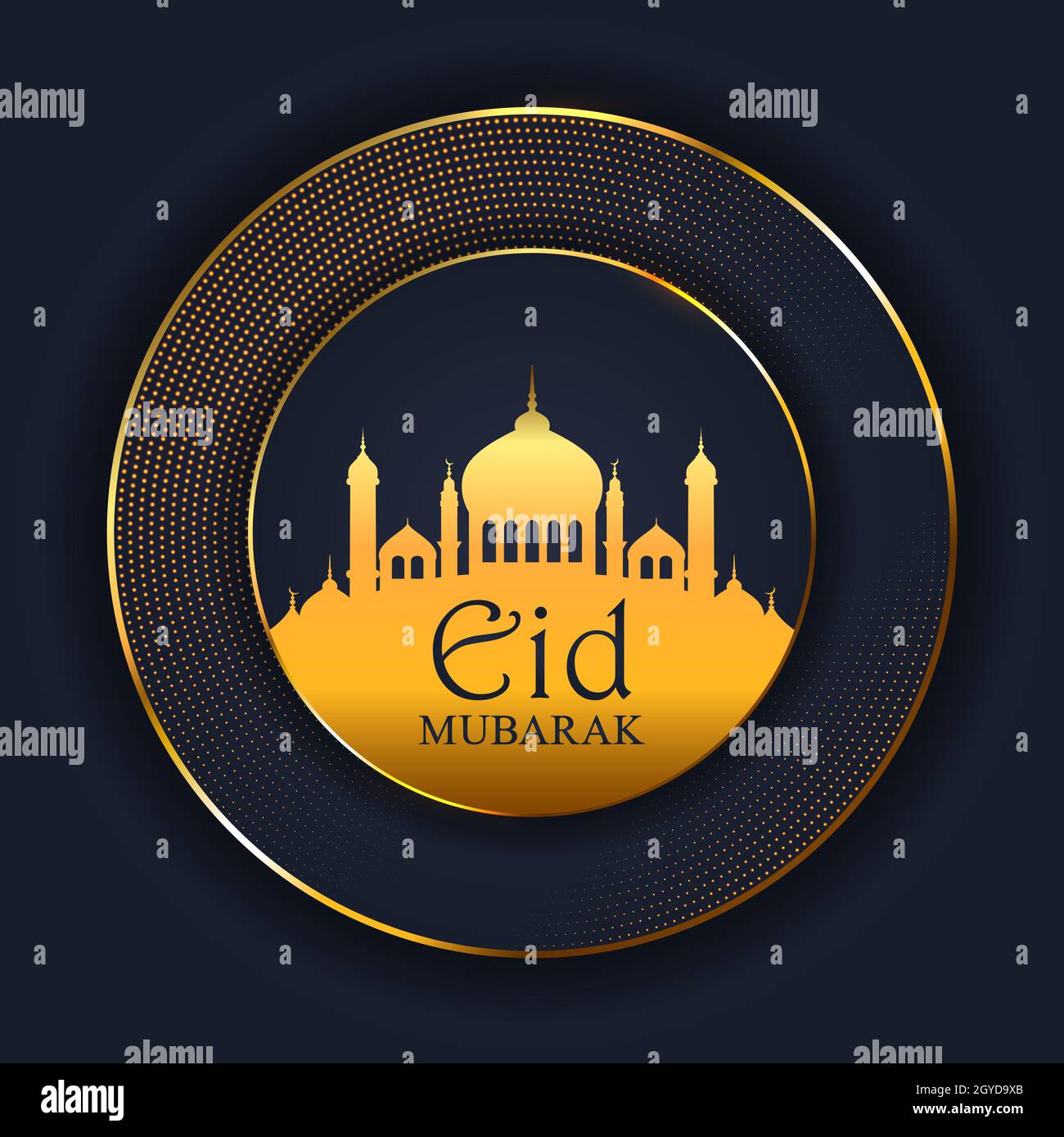 Eid Mubarak background with mosque silhouette in gold and blue Stock ...