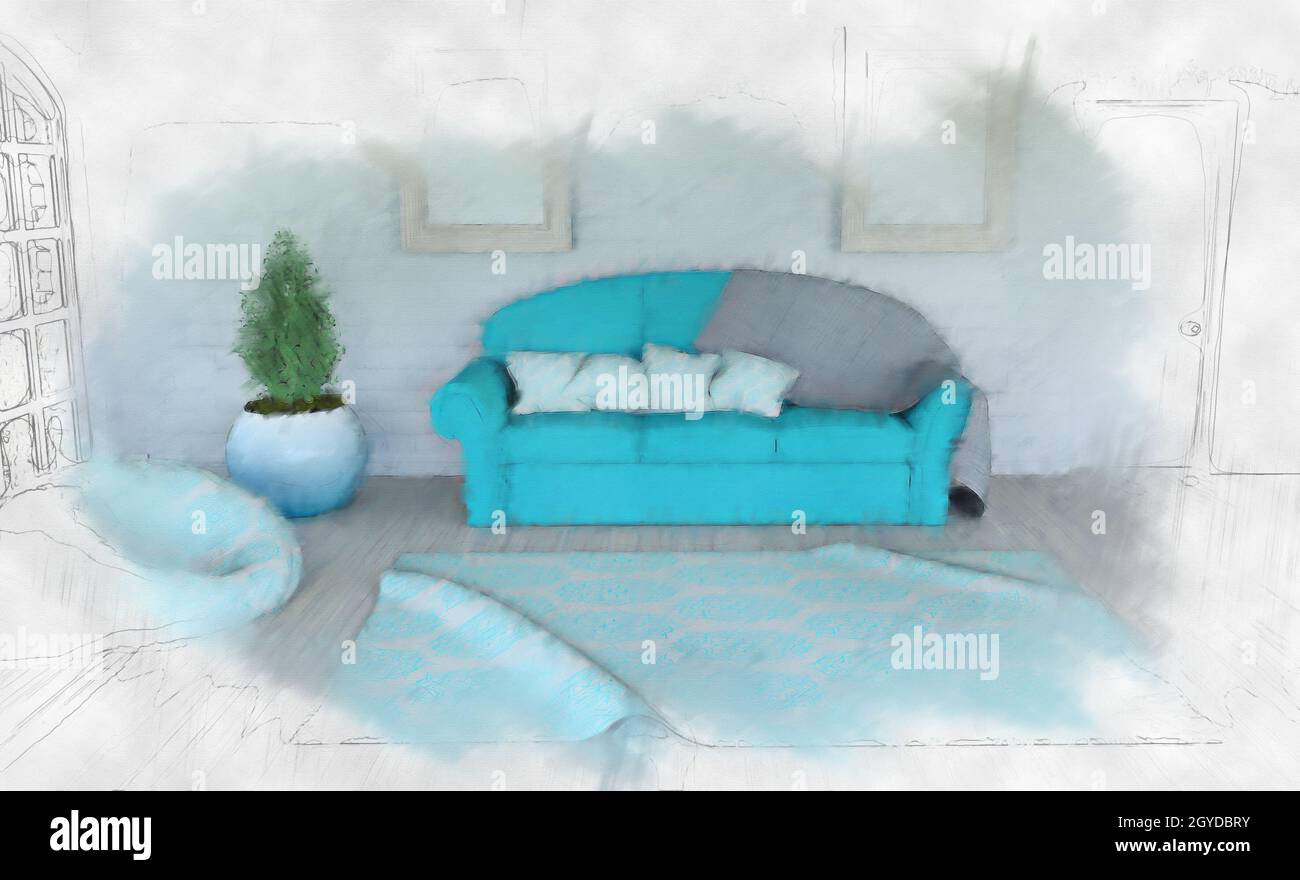 Sketched drawing of a modern lounge interior Stock Photo - Alamy