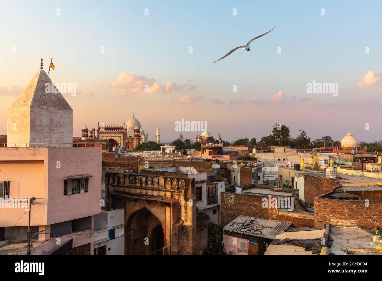India, view on poor city Agra and Taj Mahal in the background Stock ...