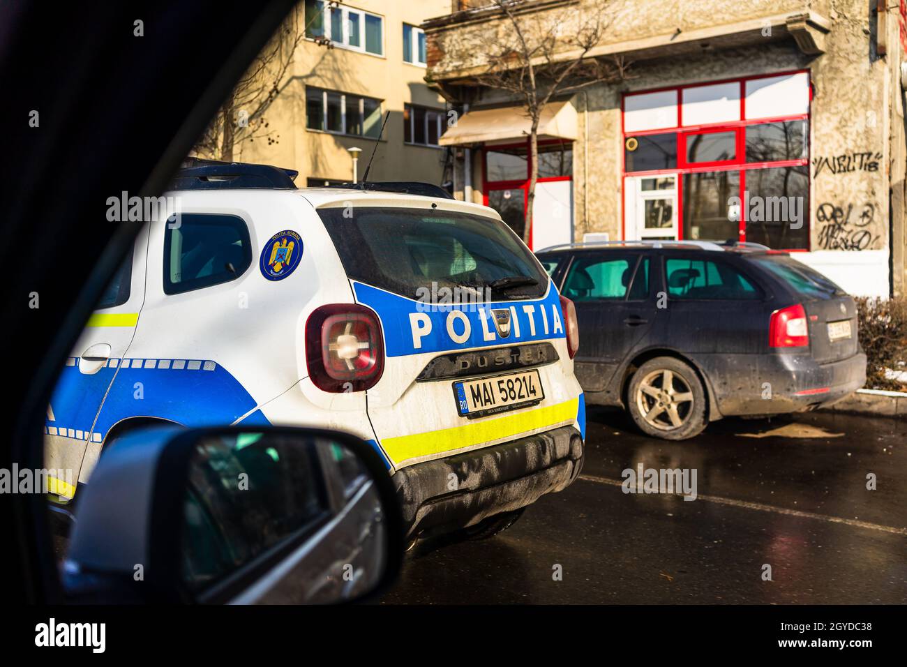 Romanian police (Politia Rutiera) car patrolling streets in Bucharest ...