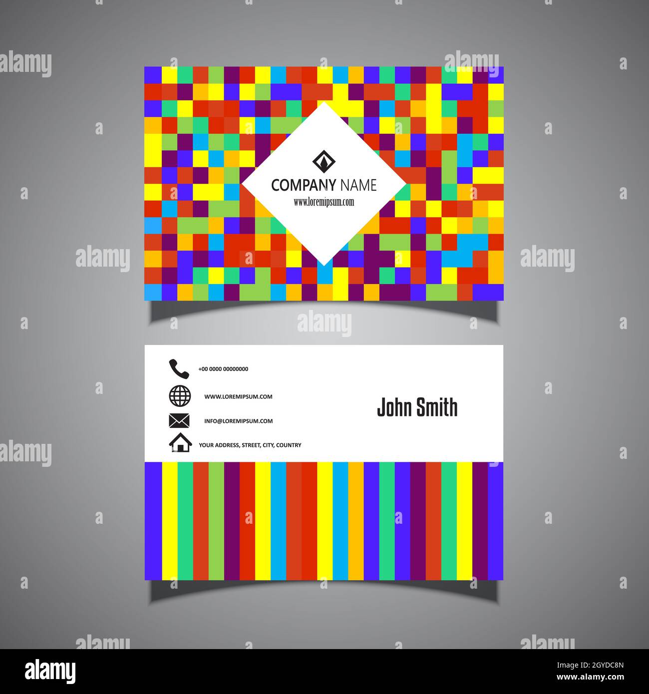 Business card template with colourful pixelated design Stock Photo - Alamy