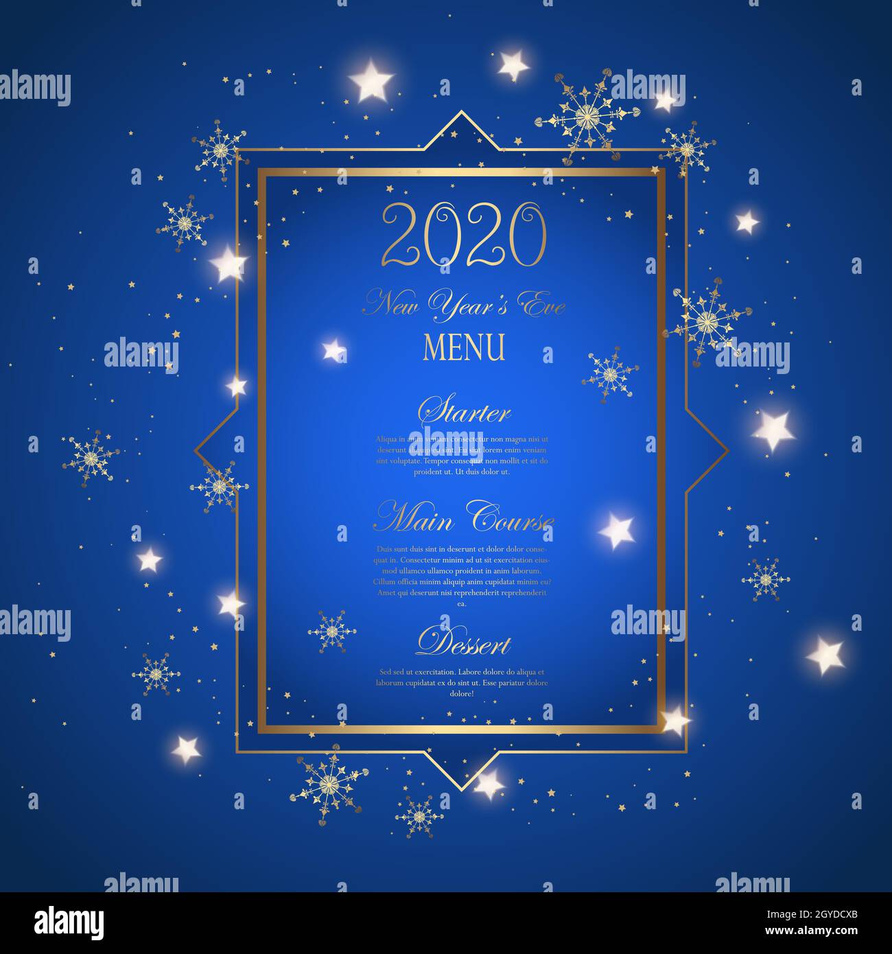 New Years Eve menu with decorative frame, snowflakes and stars Stock ...