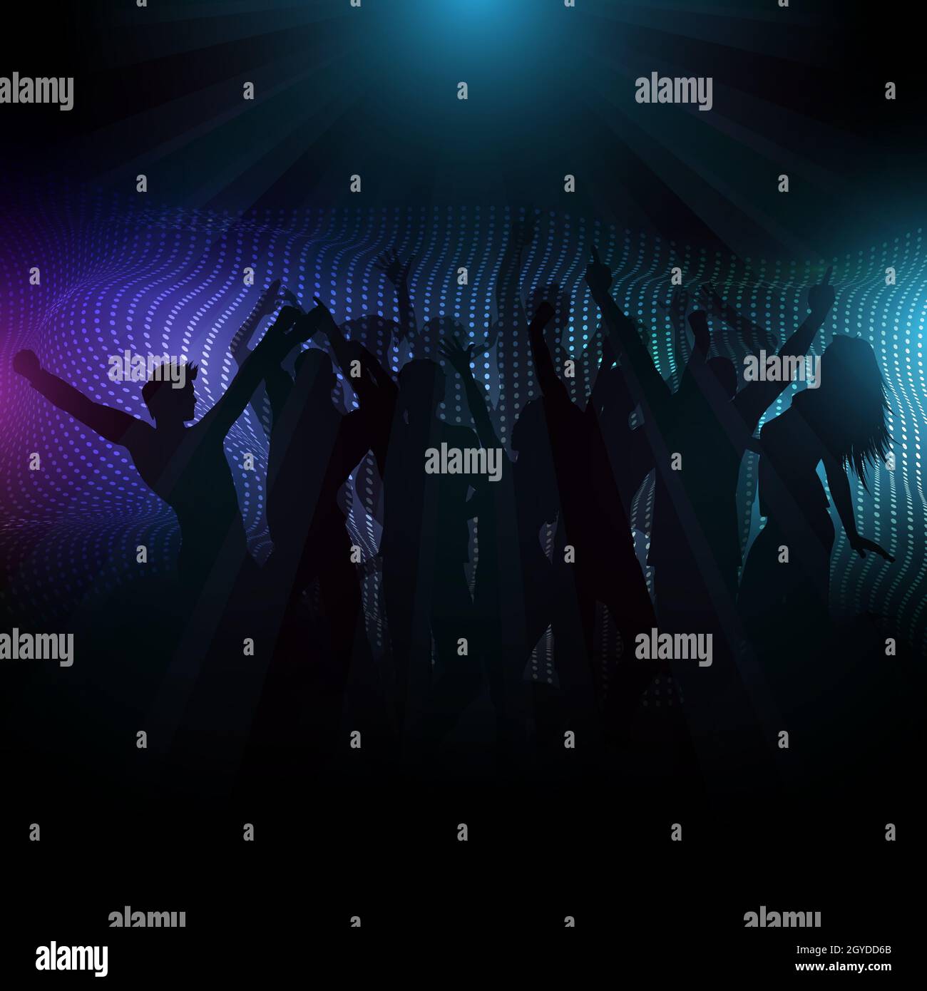 Silhouette of a disco crowd on an abstract background with light rays ...