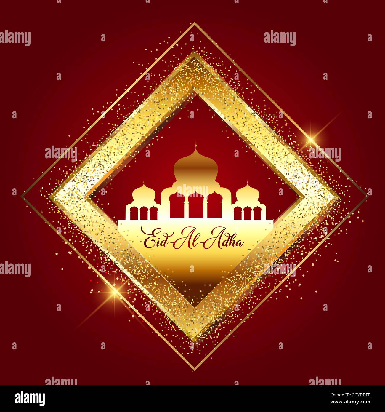 Eid Al Adha decorative background with mosques in glittery gold frame ...