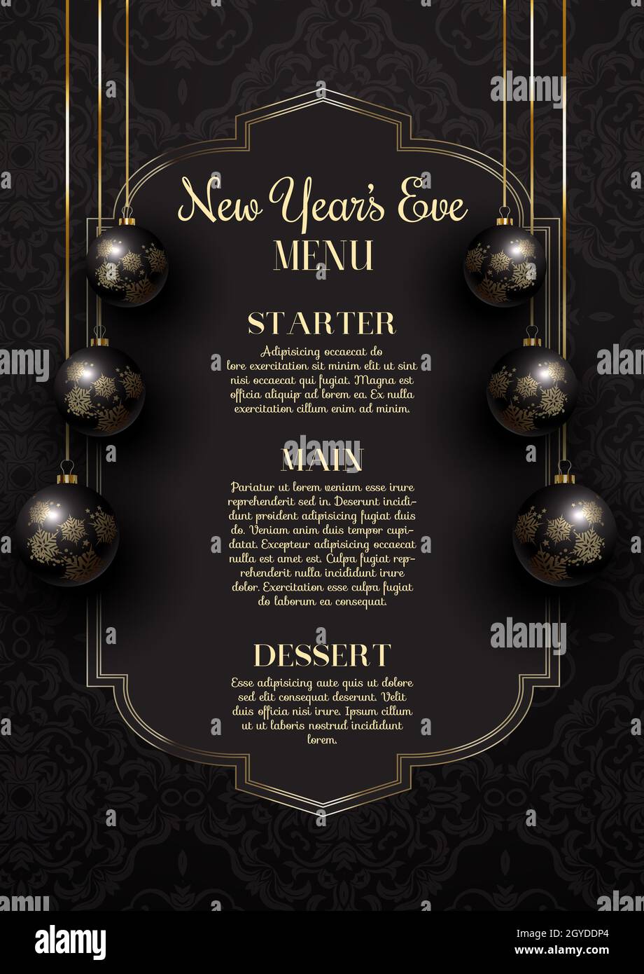 Luxurious elegant New Year's Eve menu design with hanging baubles Stock ...