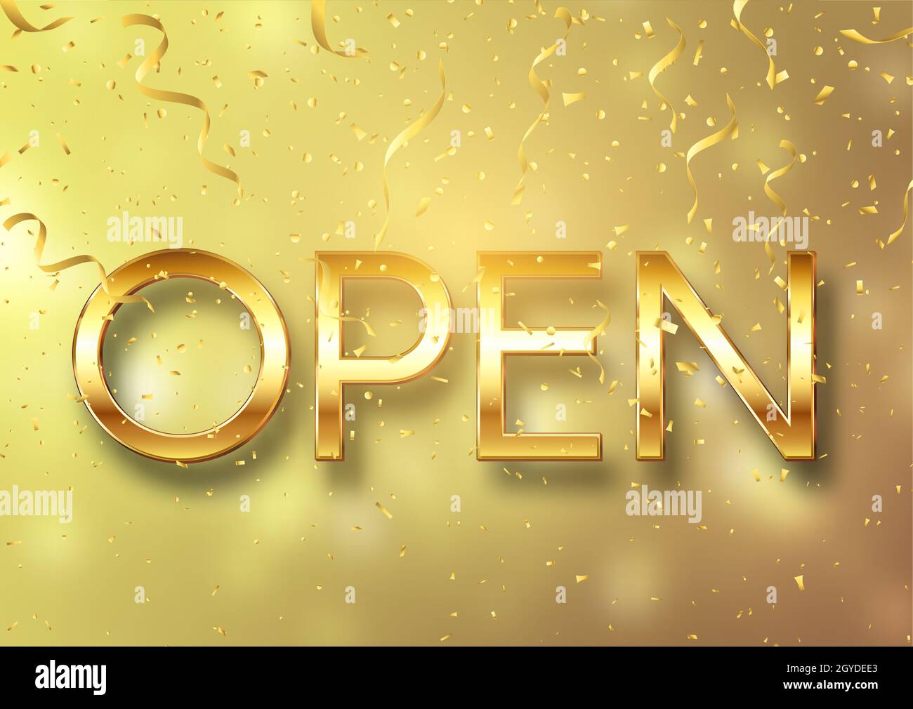 Gold open sign with confetti and streamers Stock Photo - Alamy