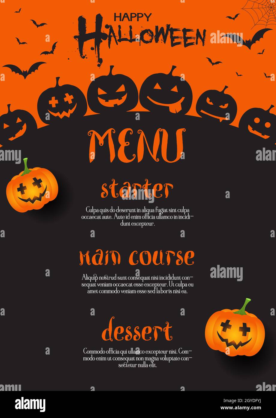 Halloween menu design with pumpkins and bats Stock Photo - Alamy