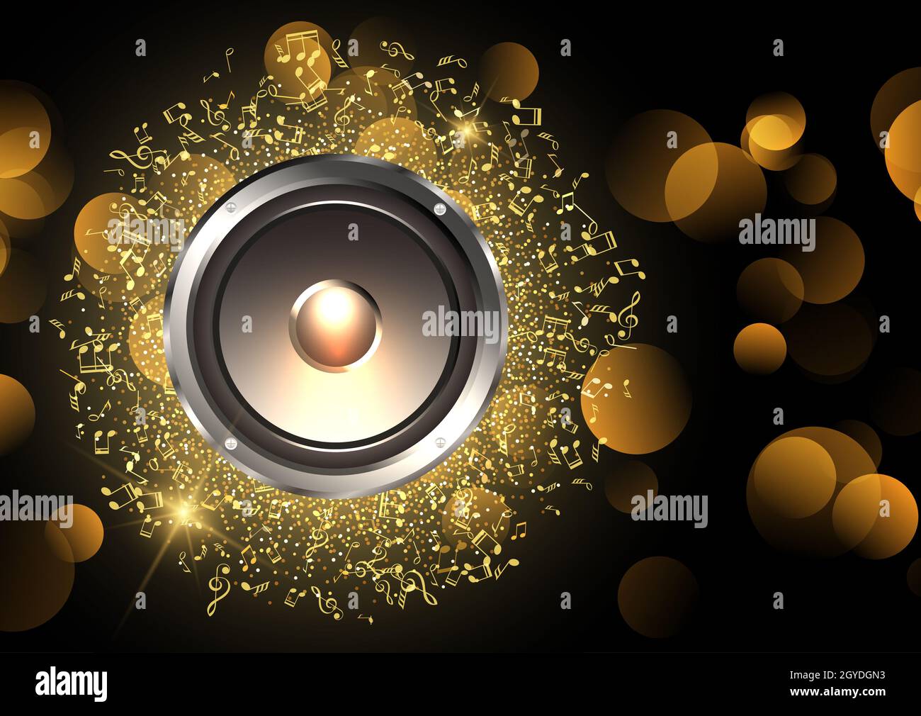 Music background with speaker and gold notes Stock Photo - Alamy