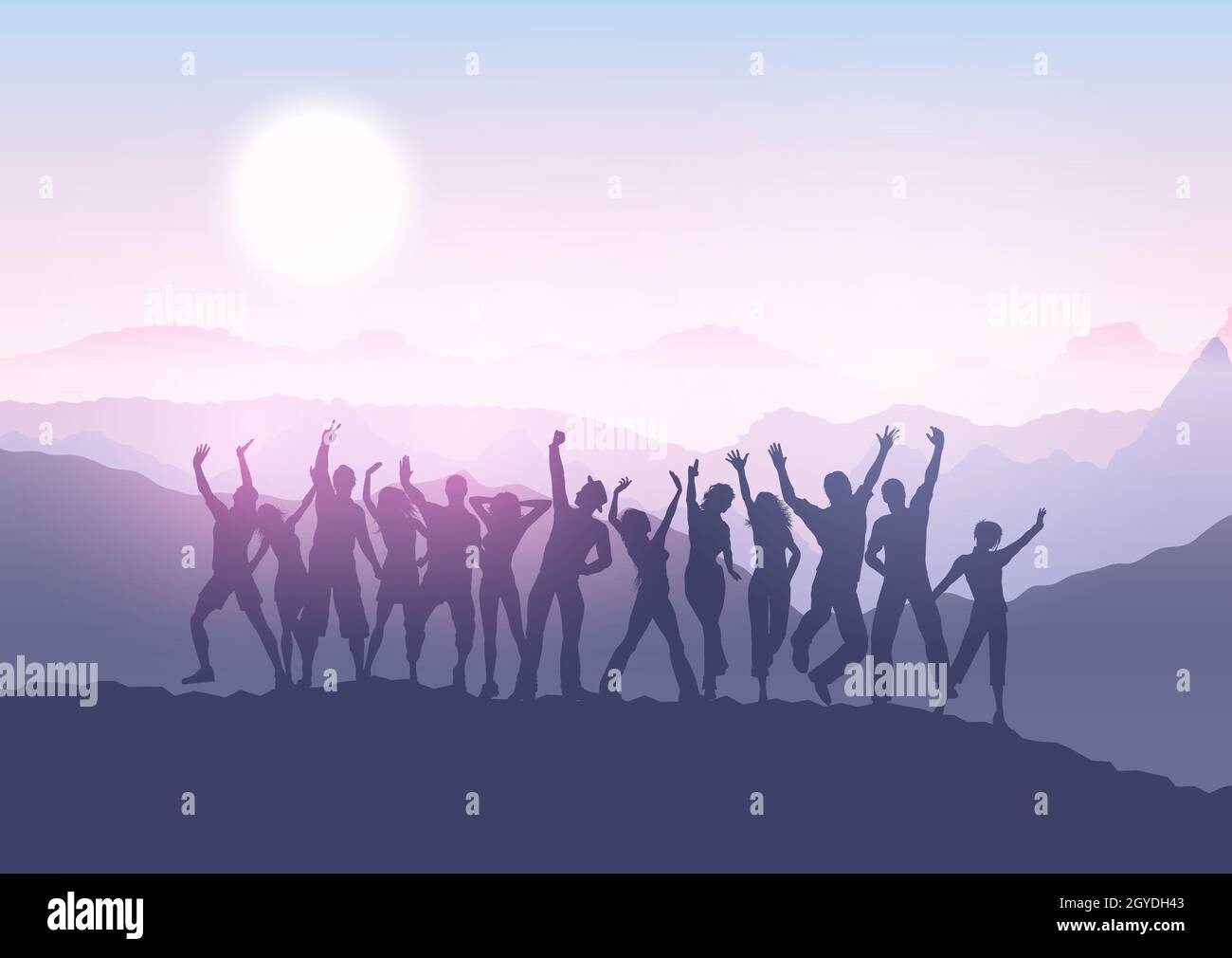 Silhouettes of people dancing in a sunset mountain landscape Stock ...