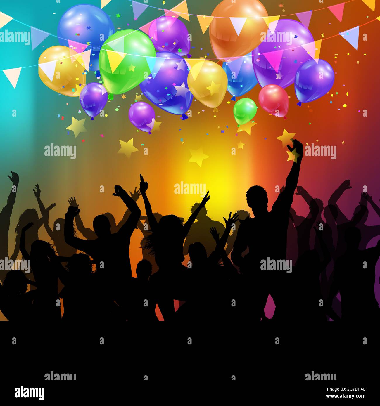Silhouette of a party crowd with balloons and confetti Stock Photo - Alamy