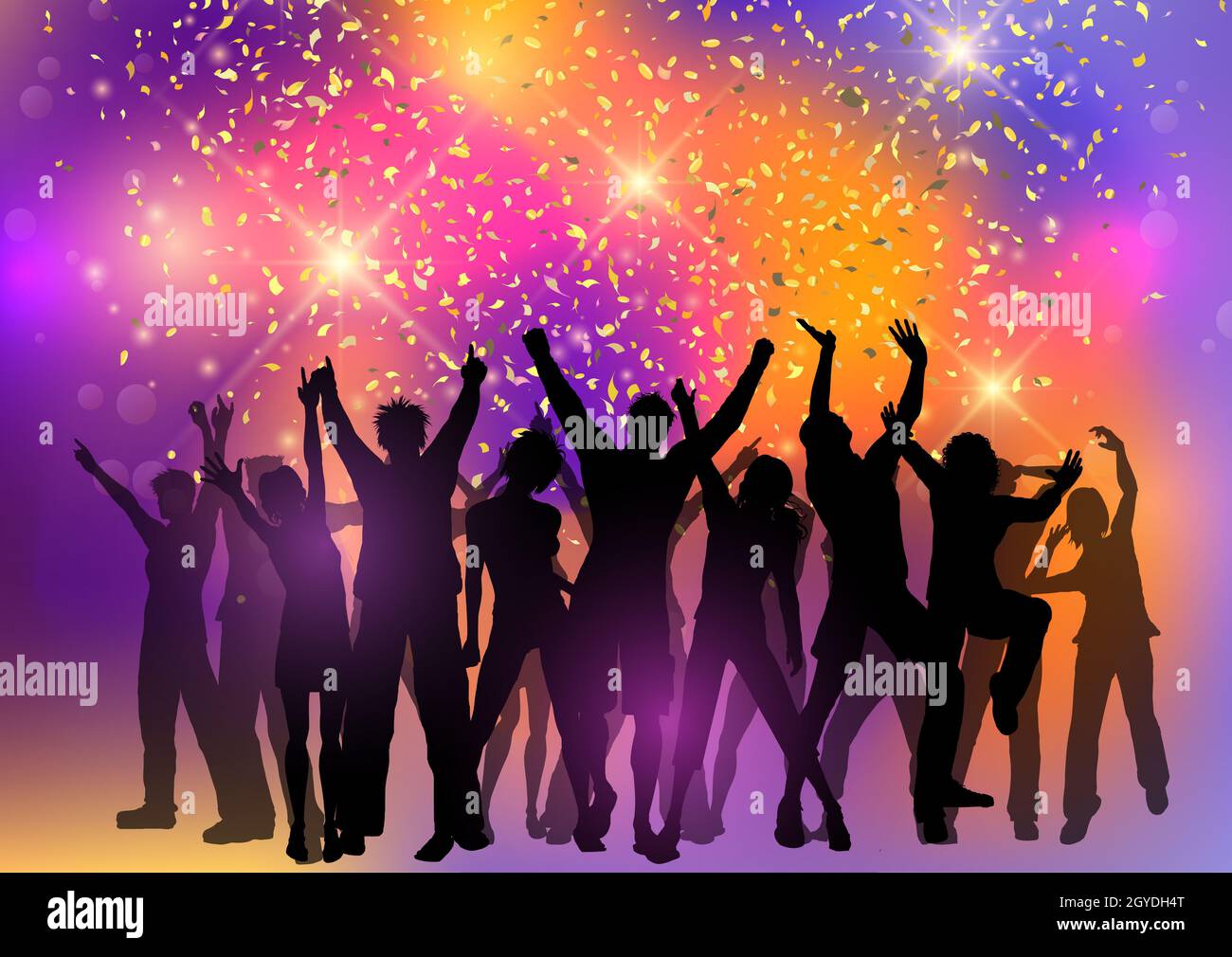 Silhouette of a party crowd on an abstract background with confetti ...