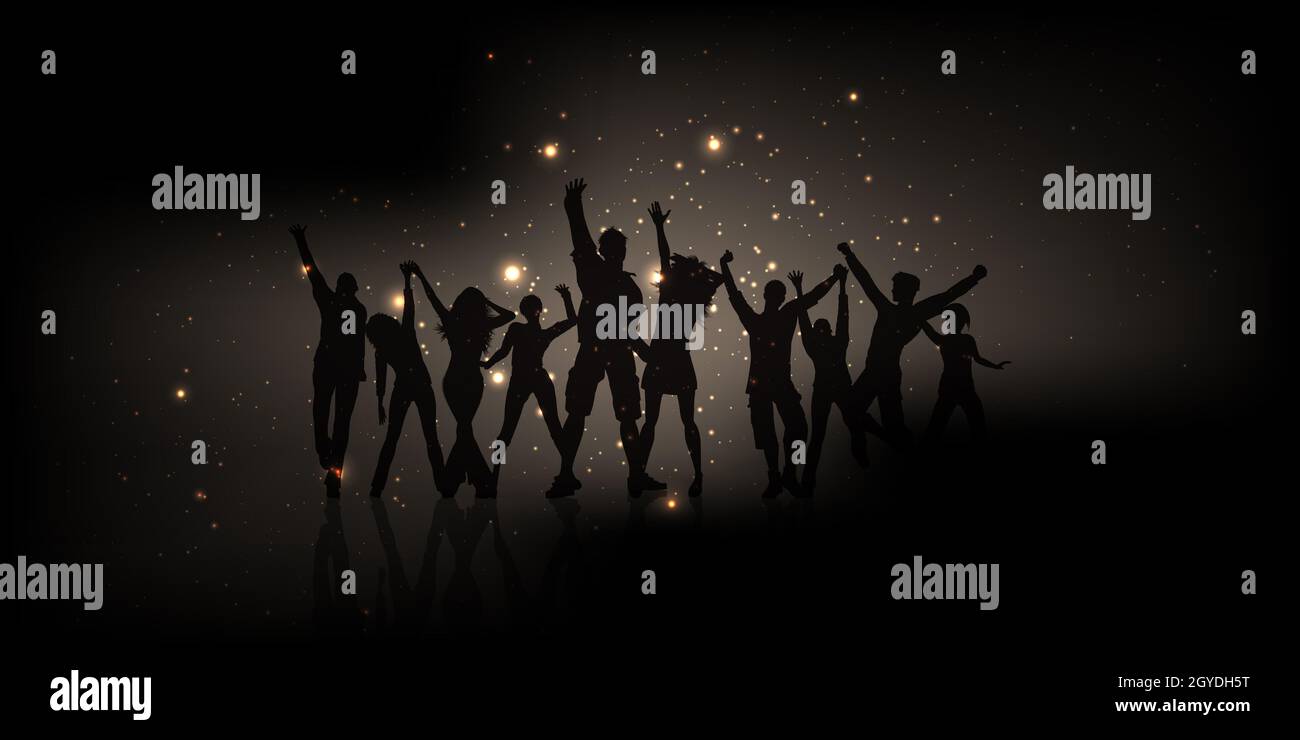 Silhouettes of people dancing on a glowing lights banner Stock Photo ...