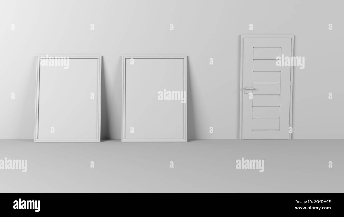 Render of 3D Blank Picture Frames on Empty Wall Stock Photo - Alamy