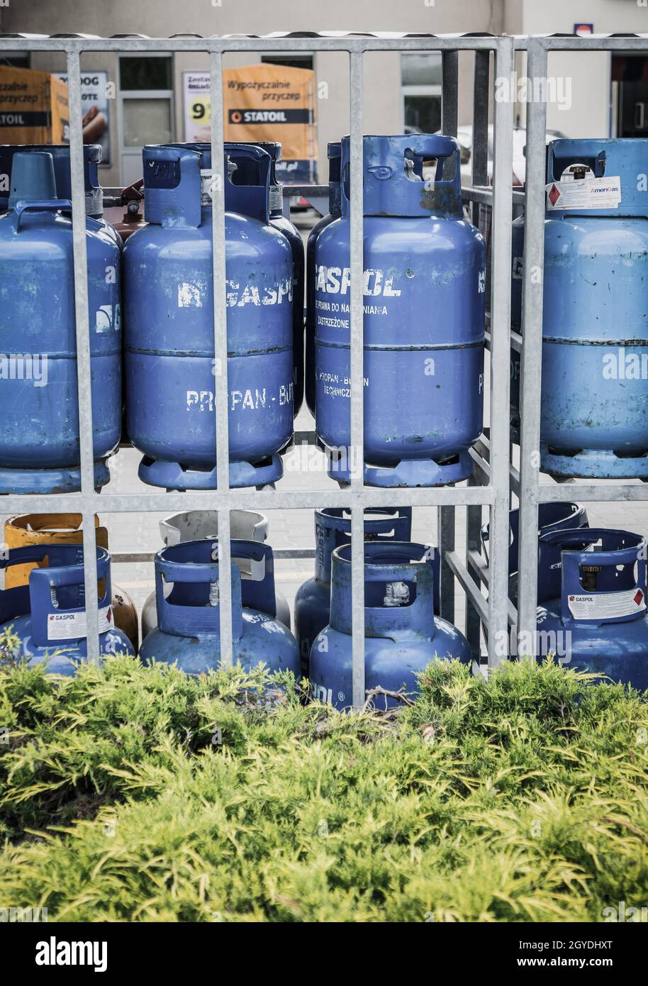 POZNAN, POLAND - Oct 07, 2016: The rows of blue stored gas cisterns on ...
