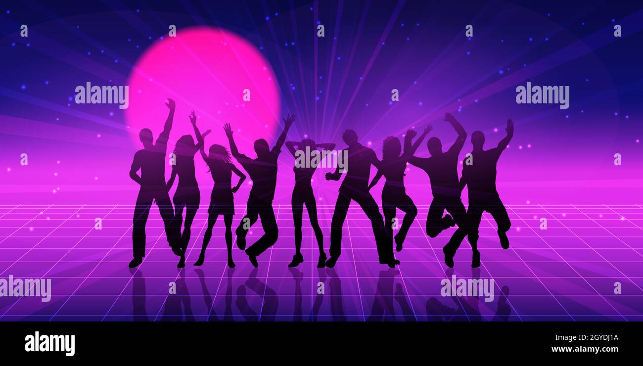 Retro themed banner design with silhouettes of people dancing Stock ...