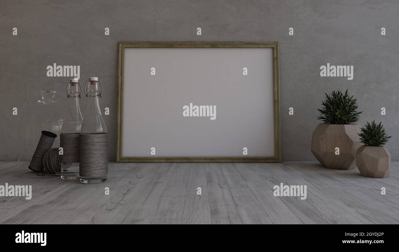 Render of 3D Contemporary Empty Room and picture frame Stock Photo - Alamy