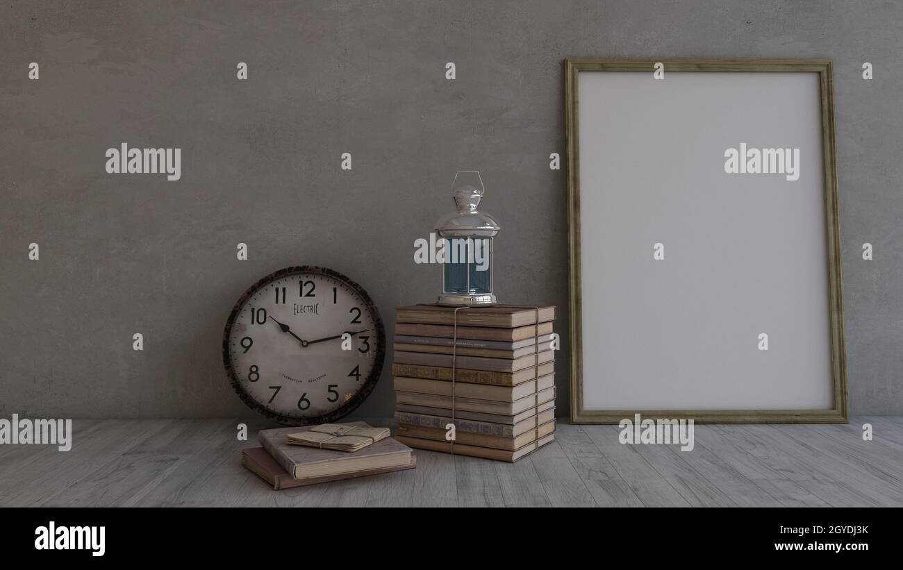 Render of 3D Contemporary Empty Room and picture frame Stock Photo - Alamy