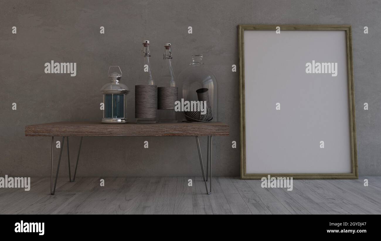 Render of 3D Contemporary Empty Room and picture frame Stock Photo - Alamy