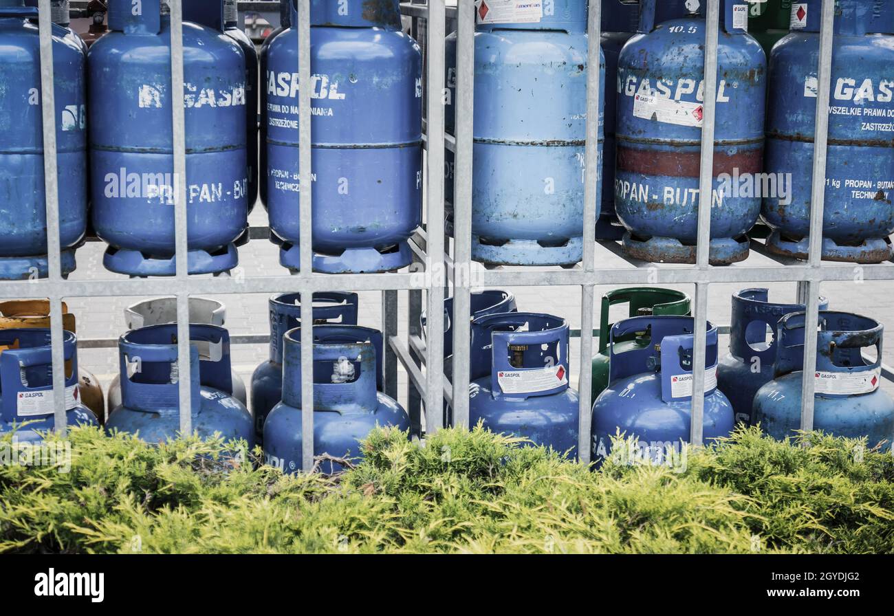 POZNAN, POLAND - Oct 07, 2016: The rows of blue stored gas cisterns on ...