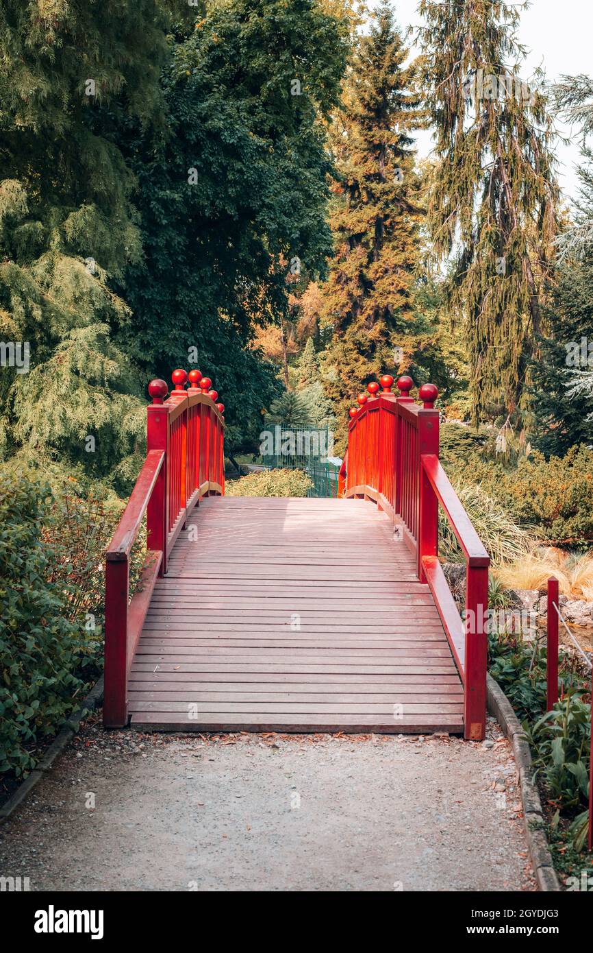 Red wooden bridge in a park. Beautiful nature Stock Photo - Alamy
