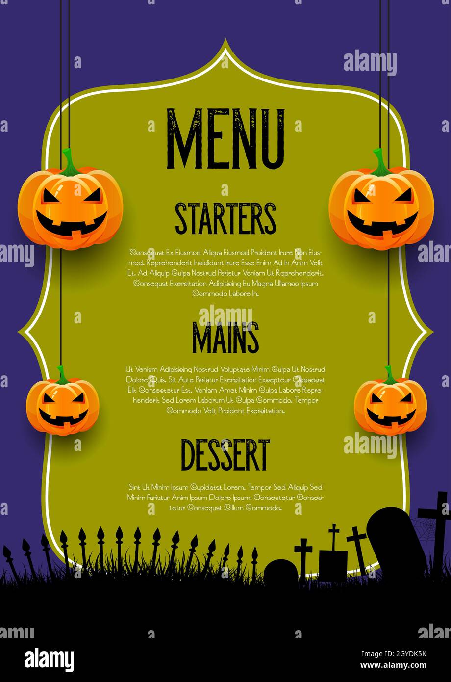Spooky Halloween menu design with hanging pumpkins Stock Photo - Alamy