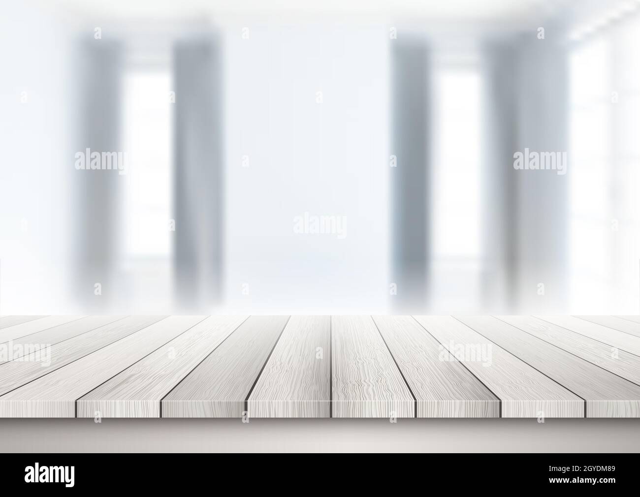 Wooden table looking out to a defocussed lounge interior Stock Photo ...