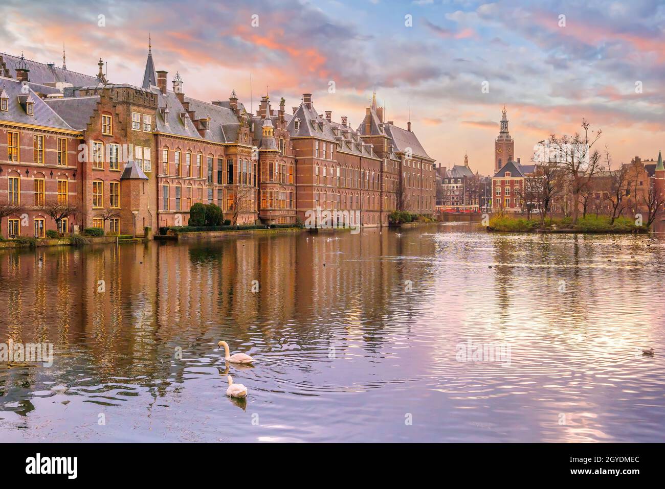 Binnenhof castle (Dutch Parliament) cityscape downtown skyline of Hague ...