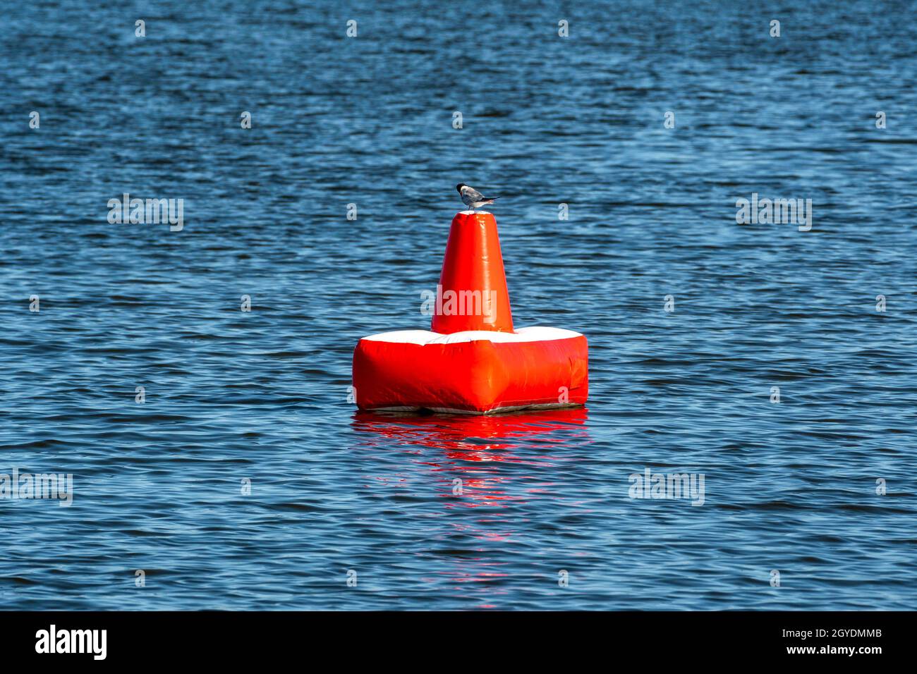 Red inflatable buoy on the blue sea. A buoy is a floating device that ...