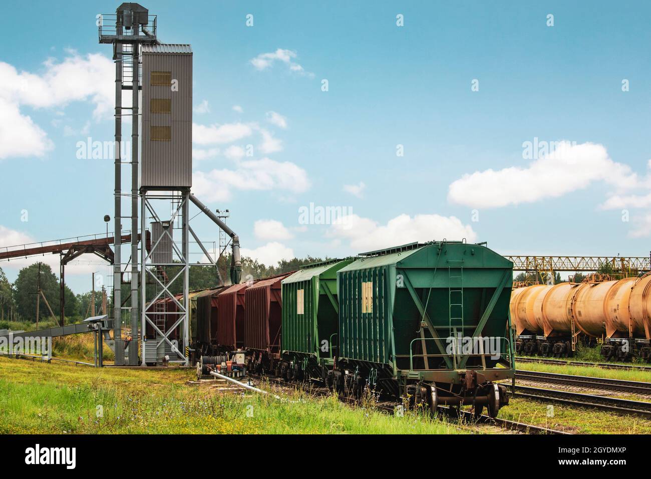 Loading railway wagon standing near the elevator in agriculture zone ...