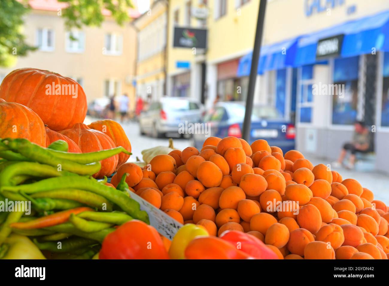 Apricots, hot peppers and other fruit and vegetable for sale at local ...