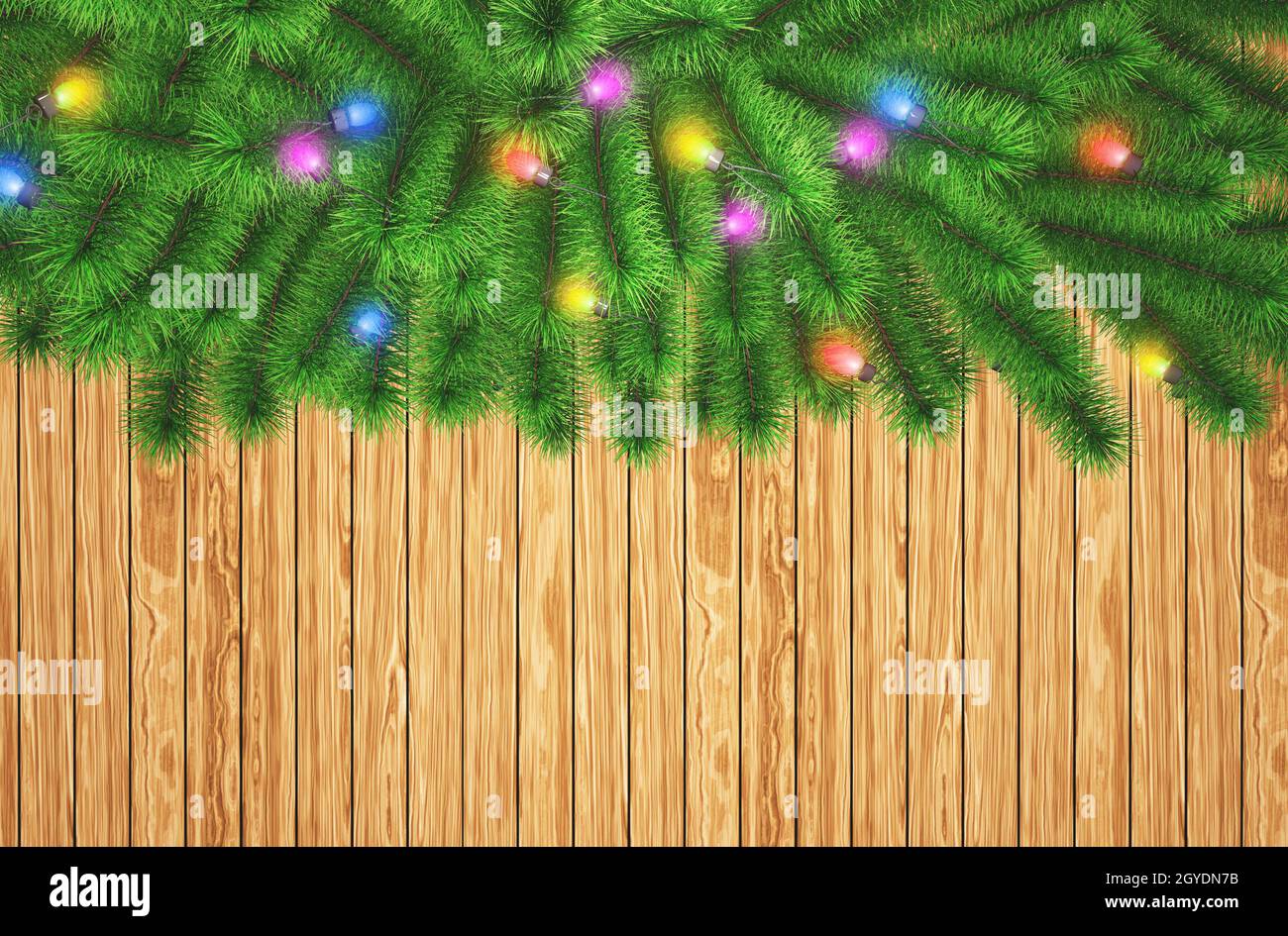 3D render of Christmas tree branches with lights on a wooden texture ...