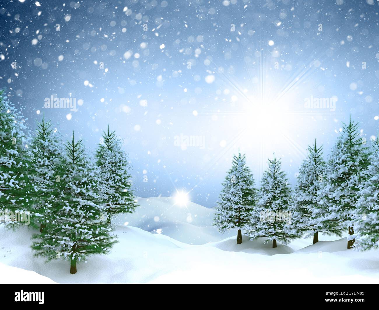 3D render of a Christmas landscape background with falling snow Stock ...
