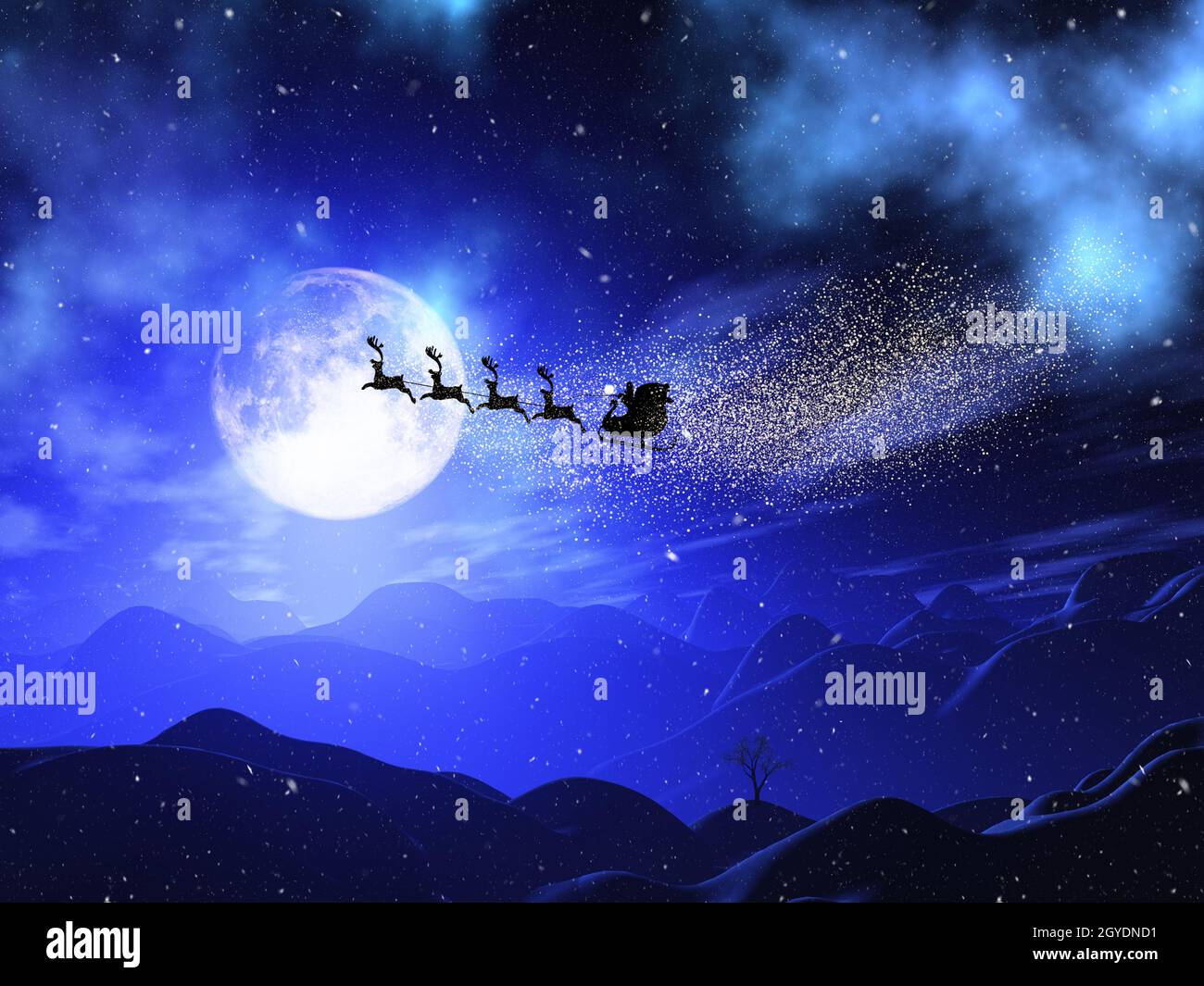 3D render of a Christmas moonlit landscape with santa and reindeers in ...