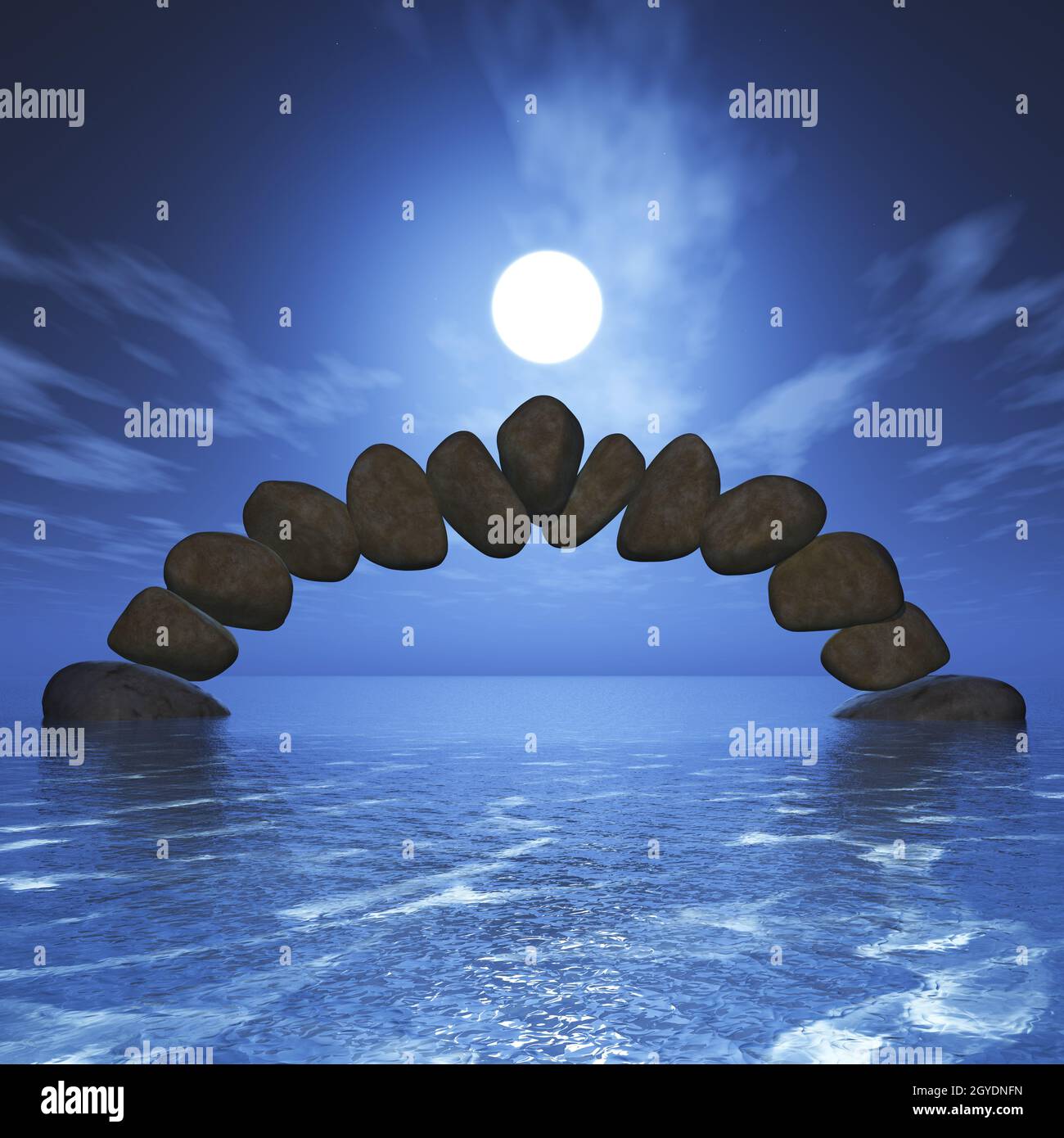 3D render of a balancing rock formation in the ocean against a sunset ...