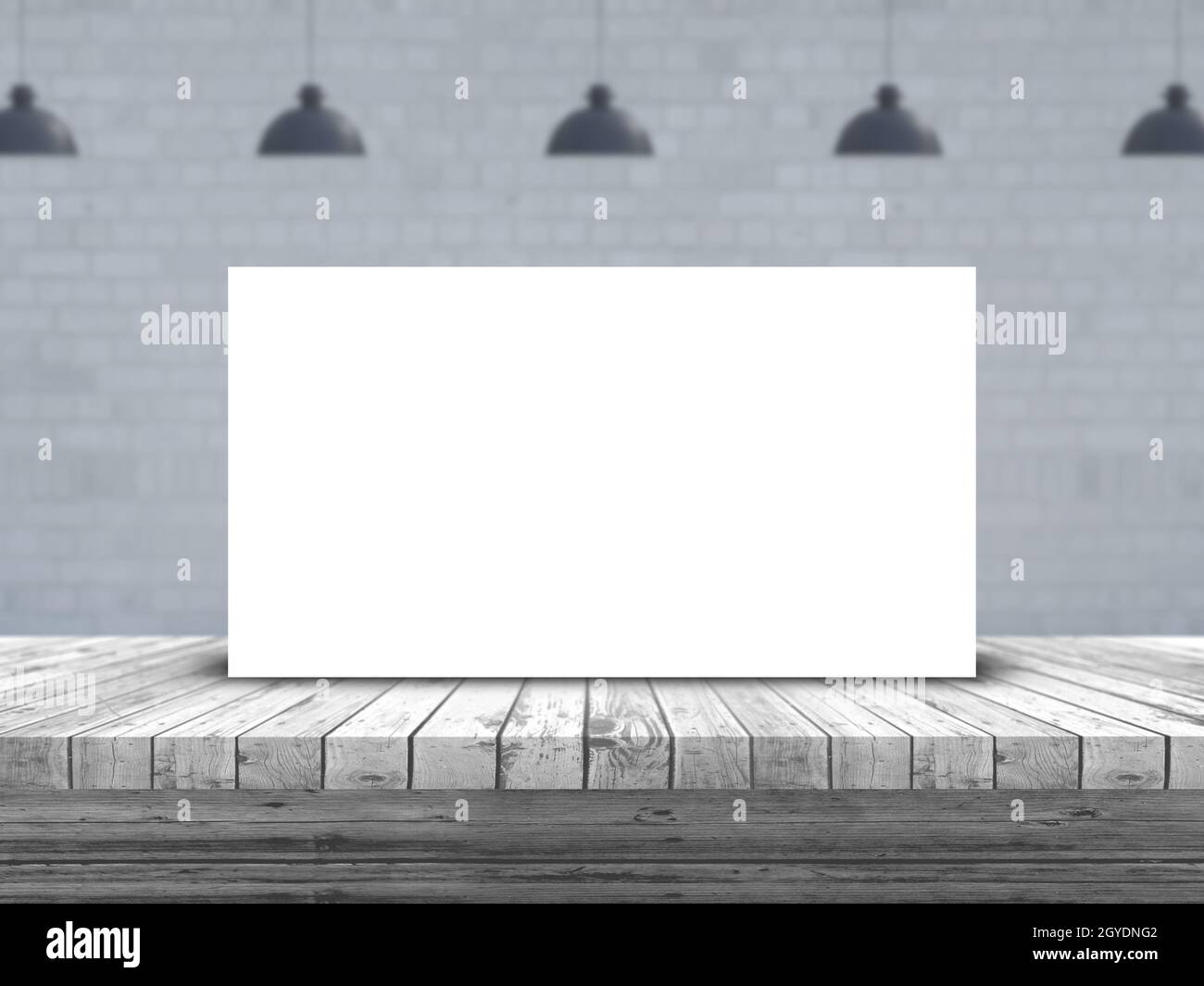 3D render of a blank picture on a wooden table with defocussed empty ...