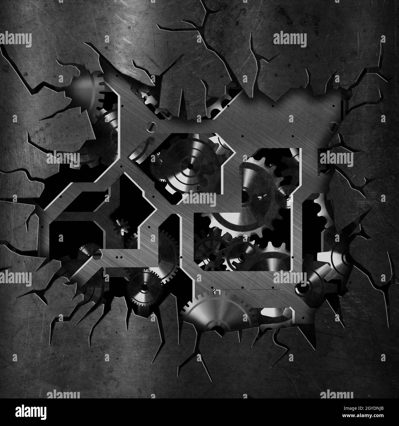 3D render of a cracked grunge metal background with cogs and gears ...