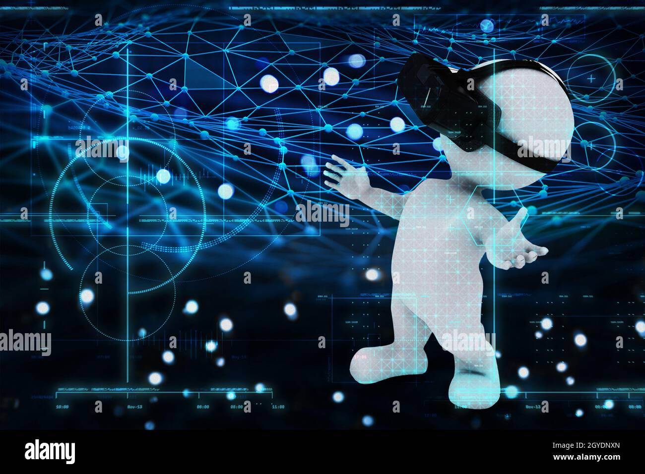 3D render of a digital technology background with figure wearing ...