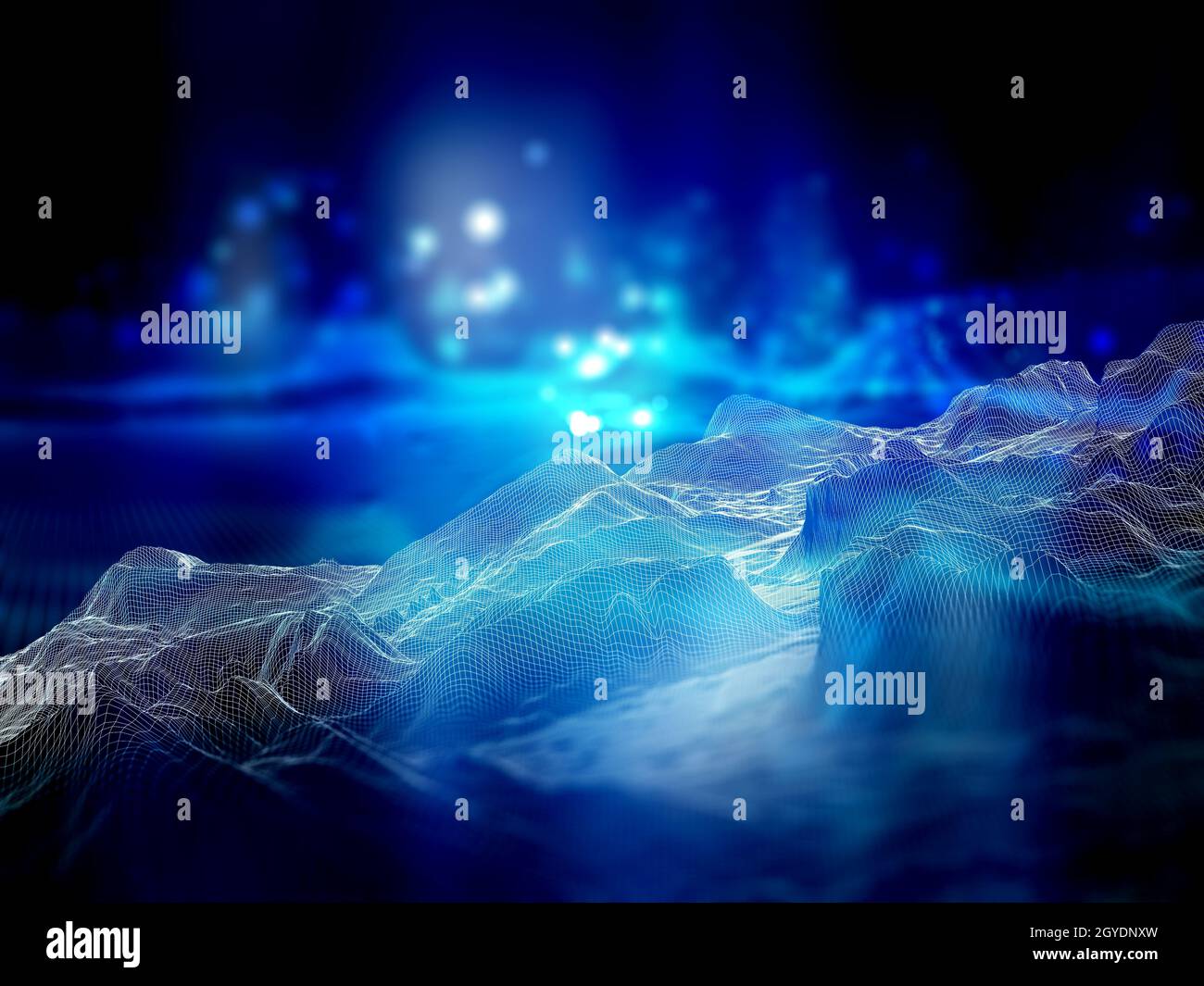 3D render of a digital landscape, network connections, connecting grid ...