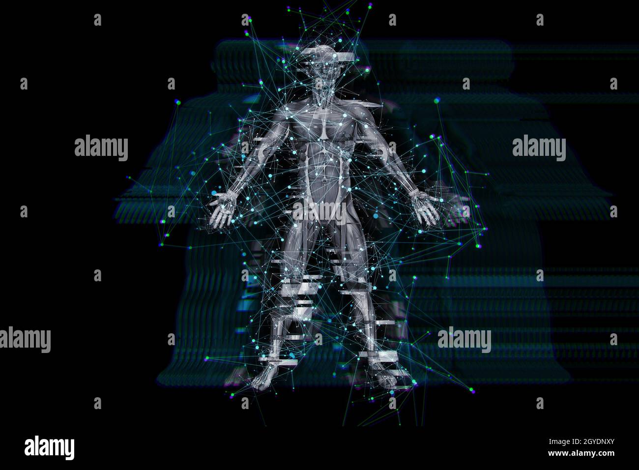 3D render of a digital technology background with glitch effect on male ...